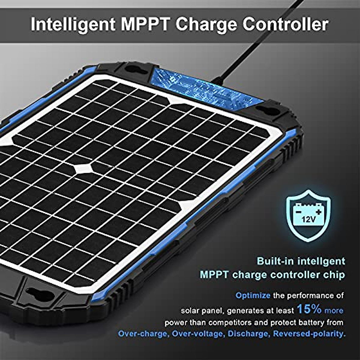 Waterproof 12V Solar Battery Charger & Maintainer Pro - Built-in Intelligent MPPT Charge Controller - 12W Solar Panel Trickle Charging Kit for Car, Marine, Motorcycle, RV, etc