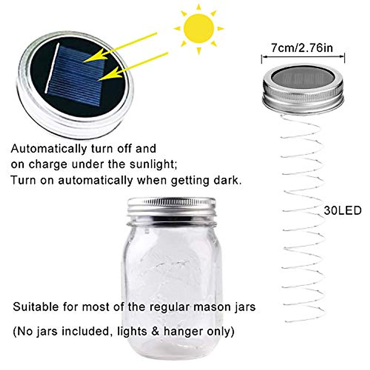 Solar Mason Jar Lid Lights, 10 Pack 30 LED Waterproof Firefly Fairy Lights with Hangers(No Jars), Outdoor Starry String Lights for Patio Yard Garden Wedding Lantern Decor (Cool White)