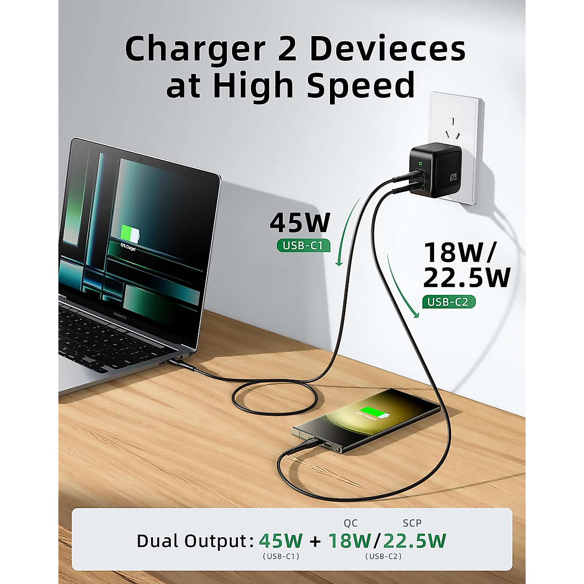 MOKiN 67W USB C Charger Block, GaN+ DP 3.0 USB C Fast Charging with Foldable Plug for MacBook Air, iPad Pro, iPhone 15 14 13 12 Pro/Plus/Pro Max, Galaxy S23, Apple Watch.