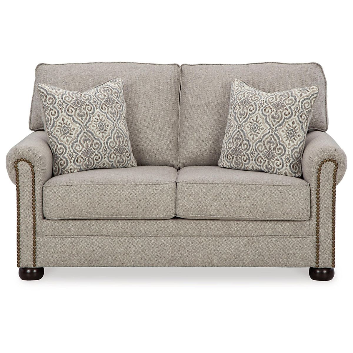 Signature Design by Ashley Gaelon Transitional Loveseat with Nailheads and 2 Accent Pillows, Beige
