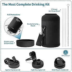 Water Bottle Insulated 64oz, INSPI Stainless Steel Water Bottle with Straw & 3 Lids, Half Gallon Large Water Jug Wide Mouth, 64 oz Triple Wall Vacuum Hydro Jug, Keep Cold for 48Hrs Flask, Black