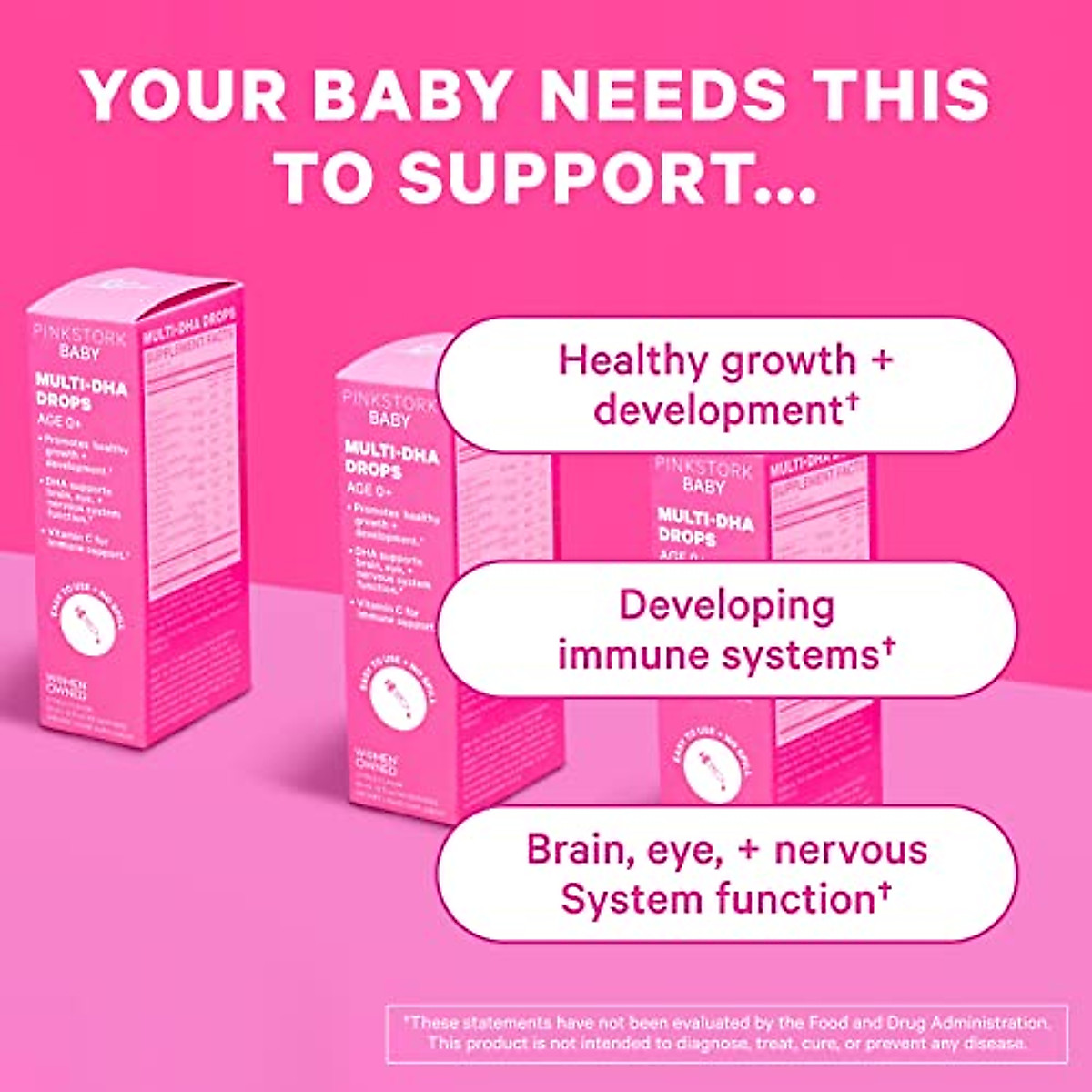 Pink Stork Baby Multivitamin Drops with DHA: Liquid Baby & Toddler Vitamin Drops for Brain Health & Immune Support, Vitamin D & B Complex Vitamins, Choline, Women-Owned, Unflavored, 2 oz, 60 Servings