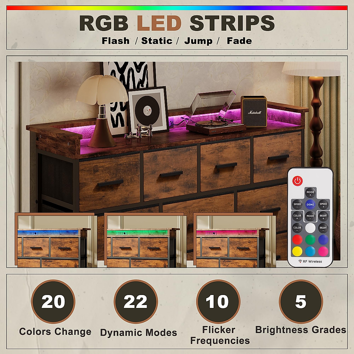 NASHZEN Dresser TV Stand with 10 Drawers, Dresser TV Stand with LED Lights & Power Outlets, Bedroom Makeup Dresser, Chest of Drawers up to 50'' Long TV, Wide Fabric Dresser with Shelf, Rustic Brown