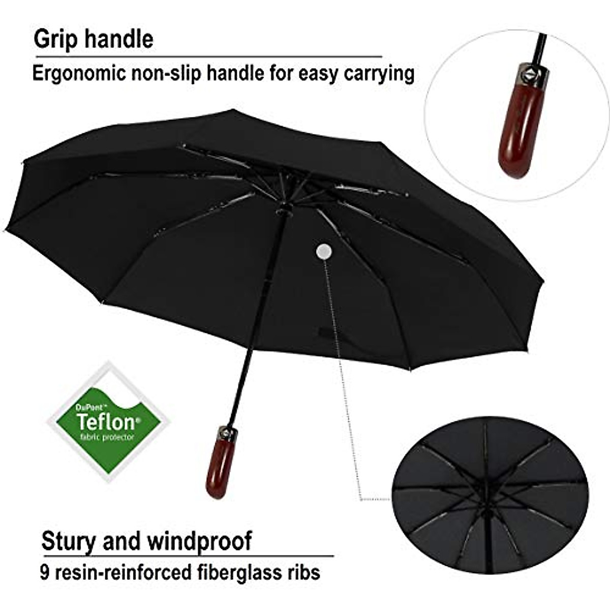 VAN BEEKEN Umbrella with Wooden Handle – Lightweight, Portable and Compact, Ideal for Travel – City Umbrella with Auto Open Close Function - Umbrella Windproof for Men