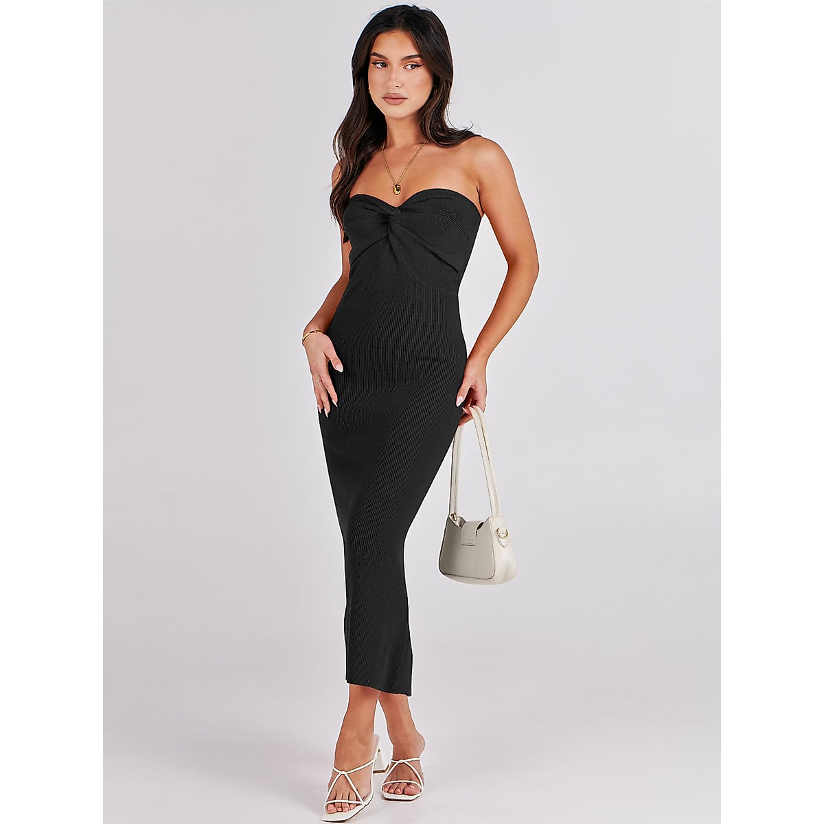 ANRABESS Womens Strapless Semi Formal Long Dress Sexy Summer Sleeveless Bodycon Cocktail Party Evening Date Sweater Dresses Black Small