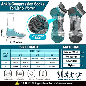 EBMORE Merino Wool Ankle Hiking Socks Compression Warm Winter Thermal Thick Cushion No Show Running Moisture Wicking Athletic Socks Gifts Stocking Stuffers for Men Women 6 Pairs(Color Mix，M)
