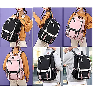 JiaYou Teenage Girls' Backpack Middle School Students Bookbag Outdoor Daypack with USB Charge Port (21 Liters, Pink Black)