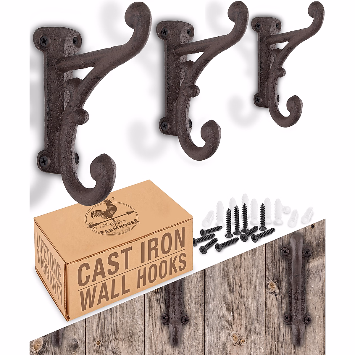 Rustic Cast Iron Coat Hooks (3 Pack) Rustic Dark Brown, Wall Mounted, Farmhouse Decorative, Heavy Duty Wall Hooks for Hanging Coats, Hats, Towels (Mounting Hardware Included)