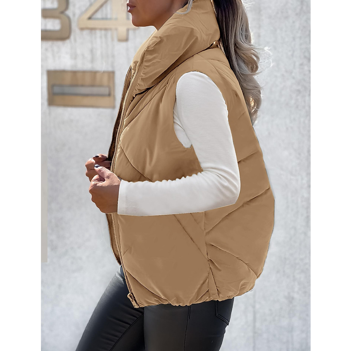 MEROKEETY Womens Puffer Vest Sleeveless Zip Up Quilted Coat Lightweight Stand Collar Gilet Jacket With Pockets Khaki Medium