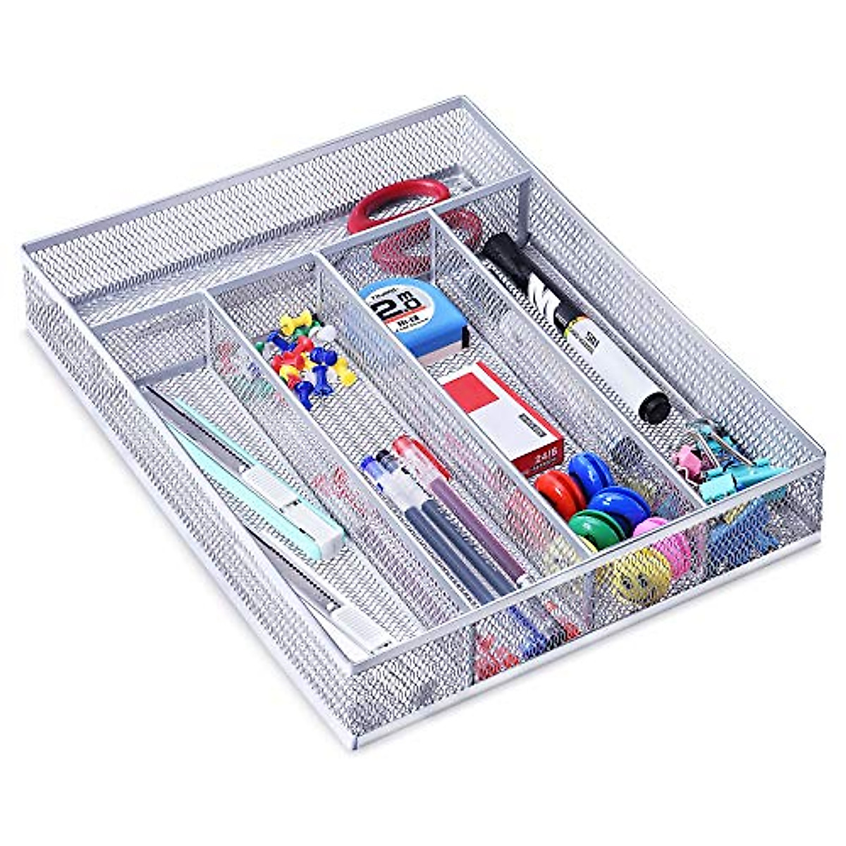 WuGeShop Desk Drawer Organizer Tray 5 Compartments, Metal Mesh Desk Drawer Storage Tray with Non-slip Mats for Office, Bathroom, Kitchen, Silver