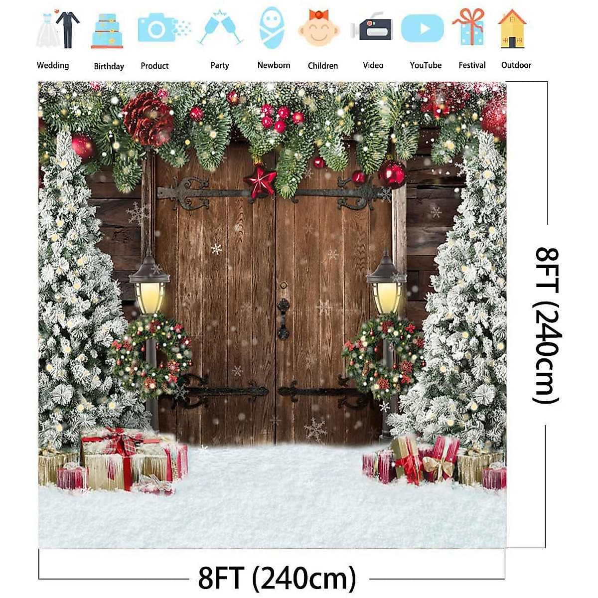 Lofaris Winter Christmas Backdrop Xmas Photography Backdrop Rustic Barn Wood Door Backdrop Xmas Tree Snow Gift Bell Kids Adult Family Supplies Banner Party Baby Shower Decoration Background 8x8ft