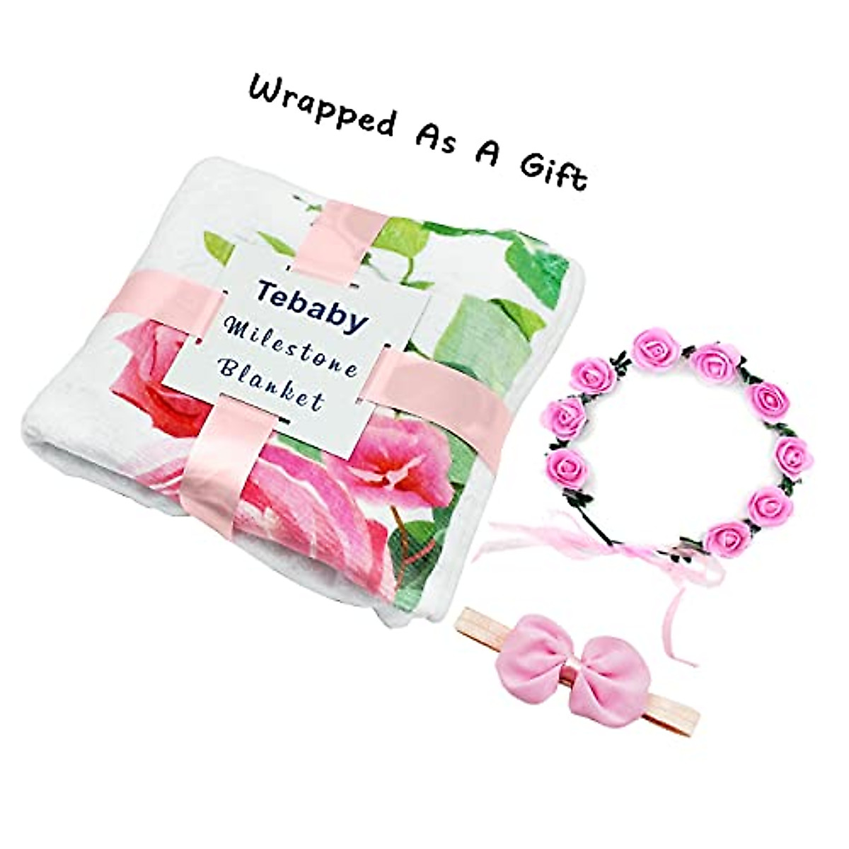 Baby Monthly Milestone Blanket Girl - Floral Newborn Month Blanket Personalized Shower Gift Soft Plush Fleece Photography Background Photo Prop Large Flower Blanket with Wreath Headband