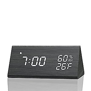 Digital Alarm Clock, with Wooden Electronic LED Time Display, 3 Alarm Settings, Humidity & Temperature Detect, Wood Made Electric Clocks for Bedroom, Bedside… (Black)