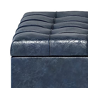 SIMPLIHOME Harrison 36 inch Wide Transitional Square Coffee Table Storage Ottoman in Denim Blue Vegan Faux Leather, Assembled, For the Living Room and Bedroom