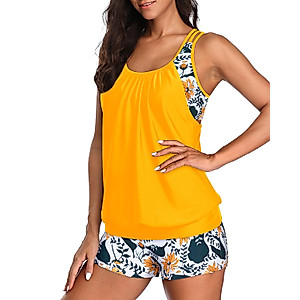 Yonique Two Piece Tankini Bathing Suits T-Back Blouson Swim Tops with Boy Shorts Women Swimsuits Sporty Swimwear Yellow&Floral S