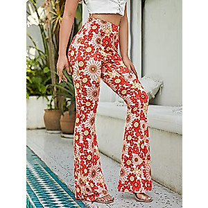 Romwe Women's Bootcut High Waisted Yoga Pants Sunflower Print Wide Leg Pants Trousers Floral L