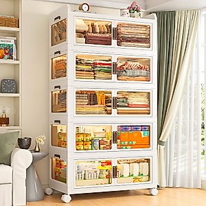 EnHomee 125GAL/500QT Storage Bins with Lids, Stackable Storage Bins with Wheels and Doors, Plastic Storage Containers Box, Large Collapsible Storage Drawers for Bedroom Closet Organizers, 5PC