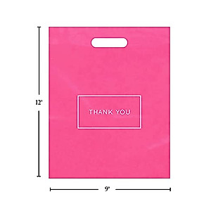 Purple Q Crafts Pink Die Cut Plastic Shopping Bags with Thank You Logo 9" x 12" Boutique Bags with Handles 50 Pack for Merchandise, Gifts, Trade Shows and More