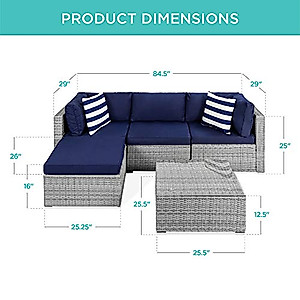 Best Choice Products 5-Piece Modular Conversation Set, Outdoor Sectional Wicker Furniture for Patio, Backyard, Garden w/ 3 Chairs, Ottoman Chair, 2 Pillows, 6 Seat Clips, Coffee Table - Gray/Navy