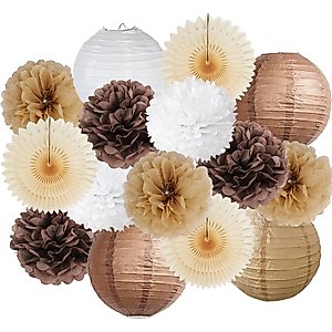 Cream Tan Brown Party Decorations Rustic Paper Fans Lanterns Pom Poms Boho Brown and Beige Neutral Party Decorations for Brown Birthday Decorations Baby Shower Bridal Shower Engagement Wedding