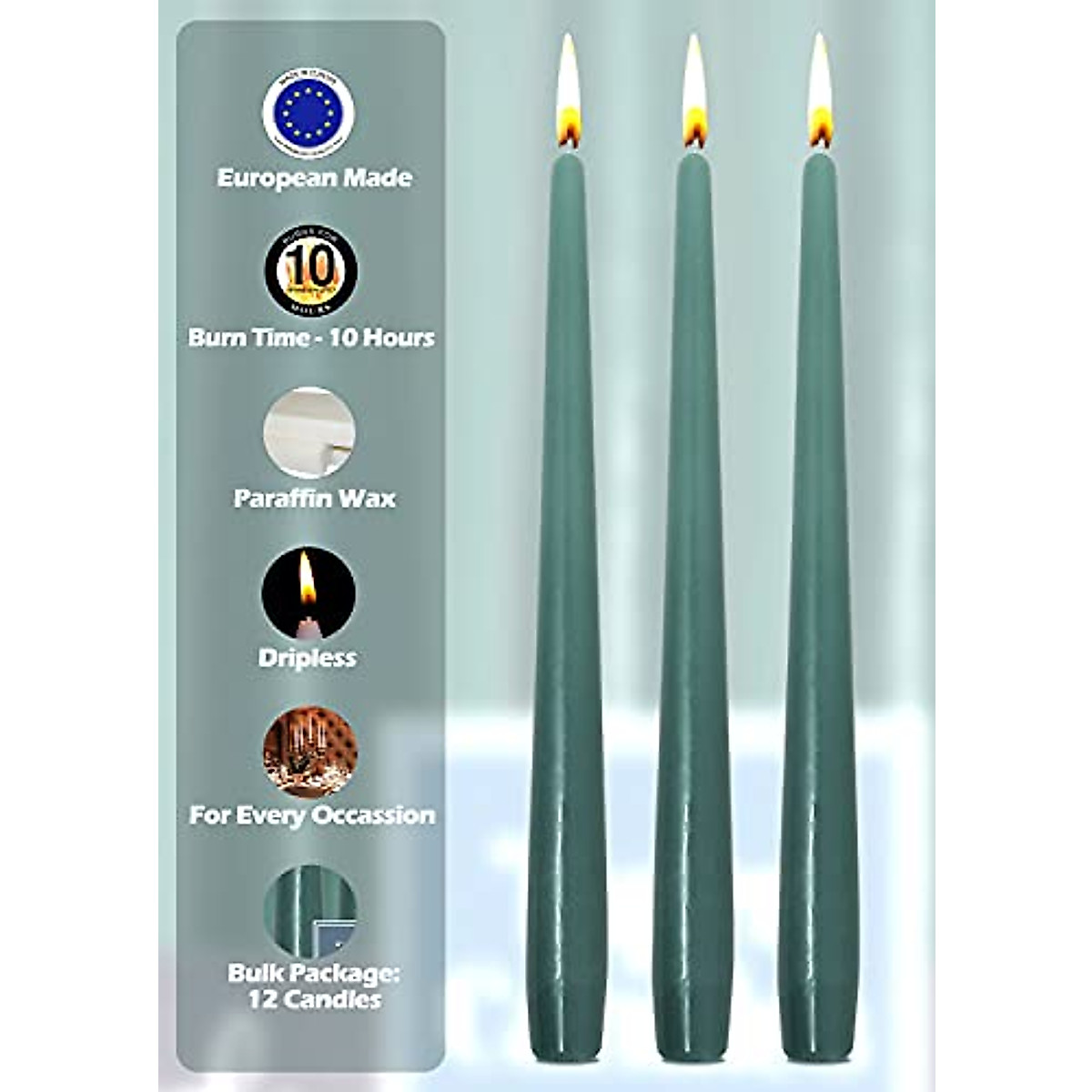 Hyoola Tall Taper Candles - 12 Inch Sage Green Unscented Dripless Taper Candles - 10 Hour Burn Time - 12 Pack