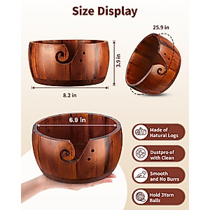 Large Yarn Bowl Holder, 8.7''Knitting Bowl with 9pcs Crochet Hooks, Wooden Yarn Holder Dispenser Yarn Storage Bowls for Crocheters Knitters Craft (Brown 8.7inch)