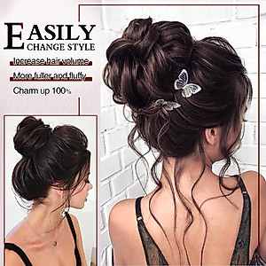 DeeThens Messy Bun Hair Piece Tousled Updo Hairpiece for Women Wavy Curly Scrunchies Clip in Claw Hair Bun Synthetic Chignon Claw Clip With Hair Attached (Darkest Brown)