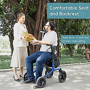 ELENKER All-Terrain Rollator Walker with Non-Pneumatic Tire 12” Front Rubber Wheels, Compact Folding Design for Seniors, Blue