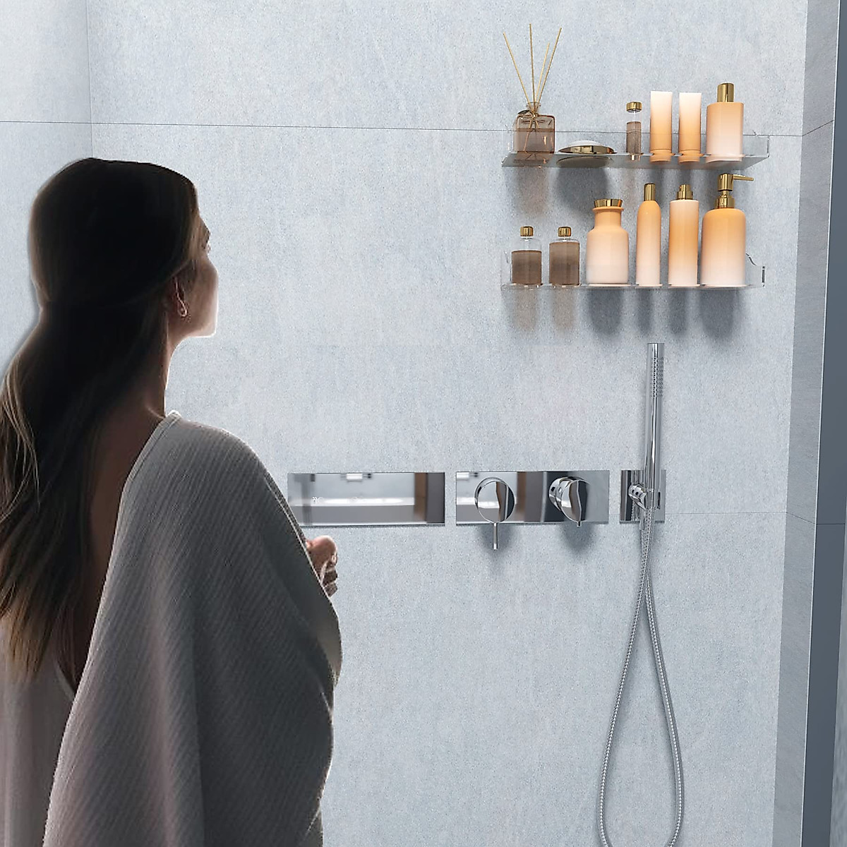 XQIGI Acrylic Shower Shelves, 2 Pack Self Adhesive Bathroom Clear Floating Shelf Wall Mounted Thick Storage and Decor Rv Accessories Display No Drilling Organization Home Apartment Essentials