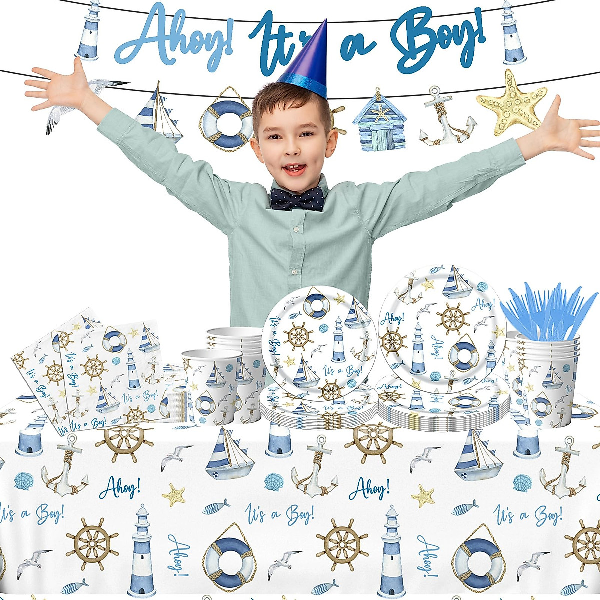 Ahoy Nautical Baby Shower Decorations Tableware,142pcs Ahoy Its A Boy Baby Shower Plates and Napkins Supplies Ahoy Nautical Party Dinnerware Tablecloth for Boy Sailor Theme Baby Shower Decorations