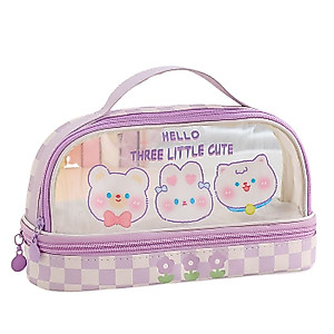 JHTPSLR Large Kawaii Pencil Pouch with Strap Double Layer Pencil Pouch Clear Waterproof Cute Preppy Pencil Case Pen Bags Holder Storage and Organizer (Purple Friends)