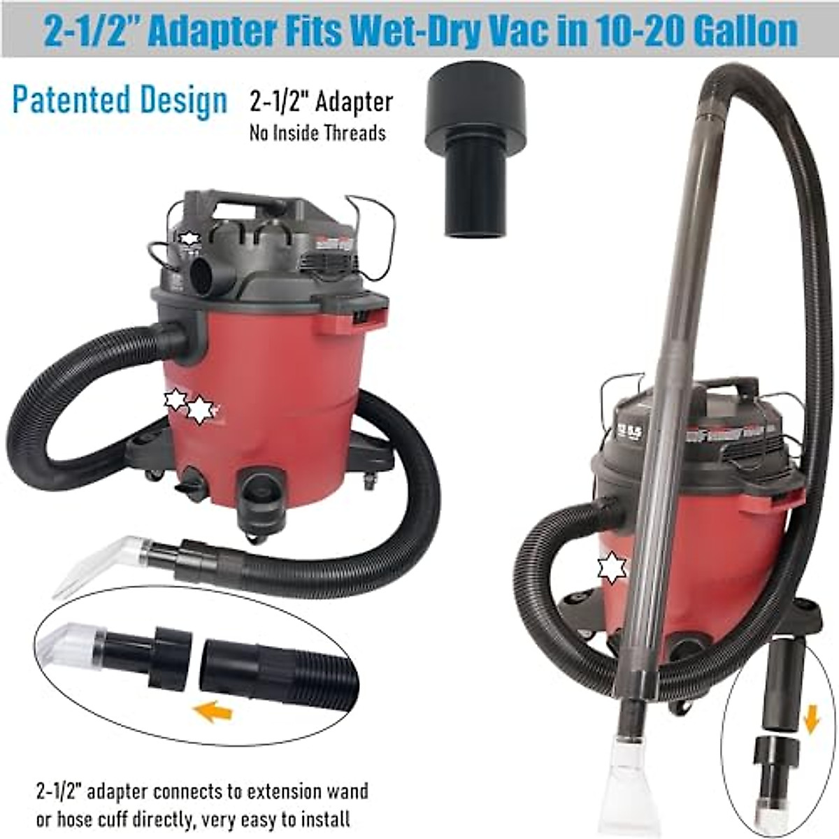 Happy Tree Universal Fits All Shop Vacs Clear Extraction Accessory Nozzle with 1-1/4" &1-7/8" & 2-1/2" Adapters for Auto Detailing, Shop Vac Extractor Attachment for 1-26 Gallon Wet Vacuum Cleaners