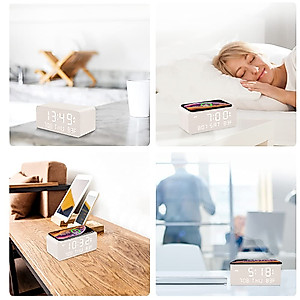 Andoolex Wooden Digital Alarm Clock with Wireless Charging, 0-100% Adjustable Brightness Dimmer and Volume, Weekday/Weekend Mode, Dual Alarm, Snooze, 12/24H, Wood LED Clock for Bedroom (White)