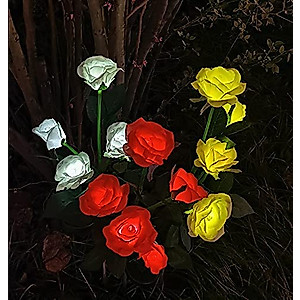 KAQ 2PACK-Outdoor Halloween Solar Garden Flower Lights with 5 Rose Flowers, Upgraded LED Solar Rose Lights with Stake, Waterproof Solar Decorative Lights for Wedding Halloween Decorations (Yellow)
