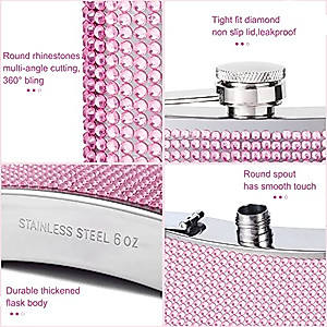 Flasks for Liquor for Women Pink Diamond,6 Oz Rhinestones Stainless Steel Hip Flask Leakproof with Funnel,Never-Lose Cap Flask