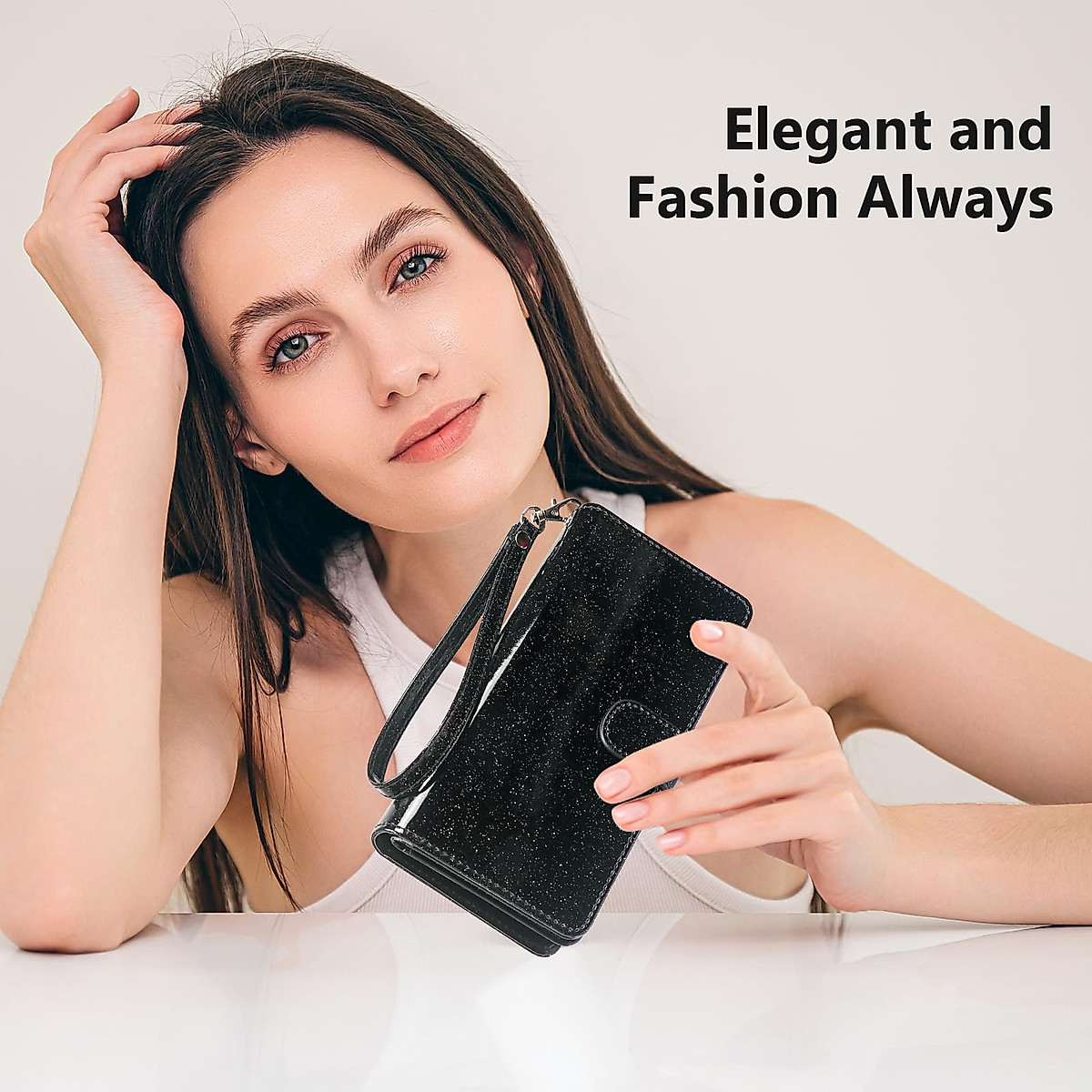 Varikke for iPhone 15 Pro Max Wallet Case Detachable with Card Holder for Women, Fashion Glitter PU Leather Strap Magnetic Flip Wallet Removable Phone Case Cover for iPhone 15 Pro Max 6.7", Black