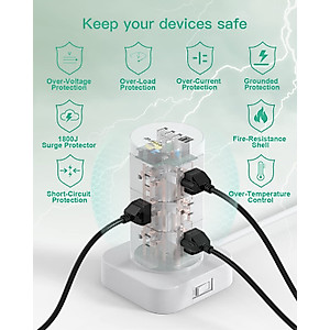 Surge Protector Power Strip Tower - 12 Widely Outlets with 4 USB Ports (1 USB C), 6FT Heavy Duty Extension Cord, Flat Multi Plug Outlet Extender Overload Protection for Home Office