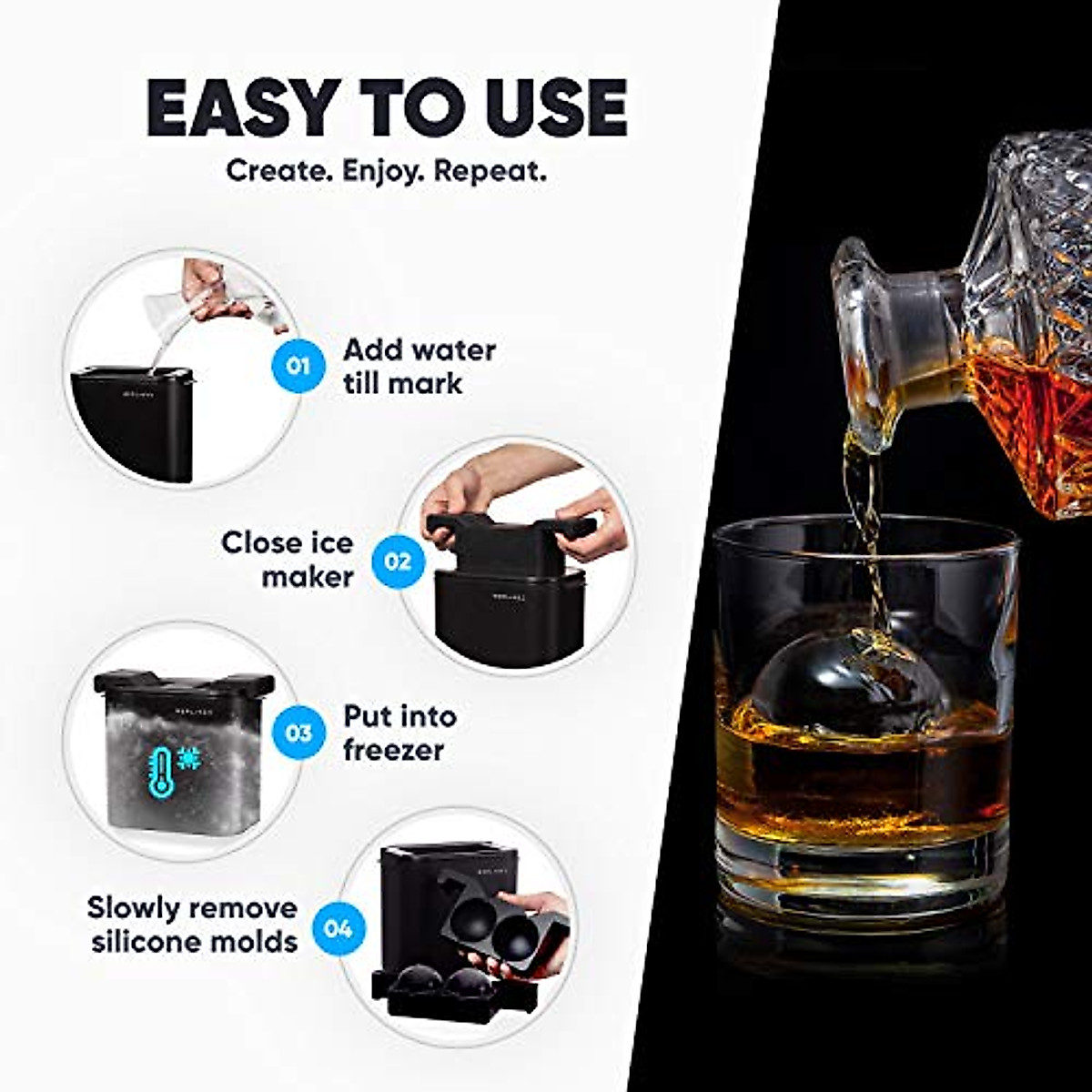 Premium Berlinzo Clear Ice Ball Maker - Whiskey Ice Ball Maker Mold Large 2.4 Inch - Crystal Clear Ice Maker Sphere - Clear Ice Cube Maker with Storage Bag - Clear Ice Mold for Ball Ice Maker