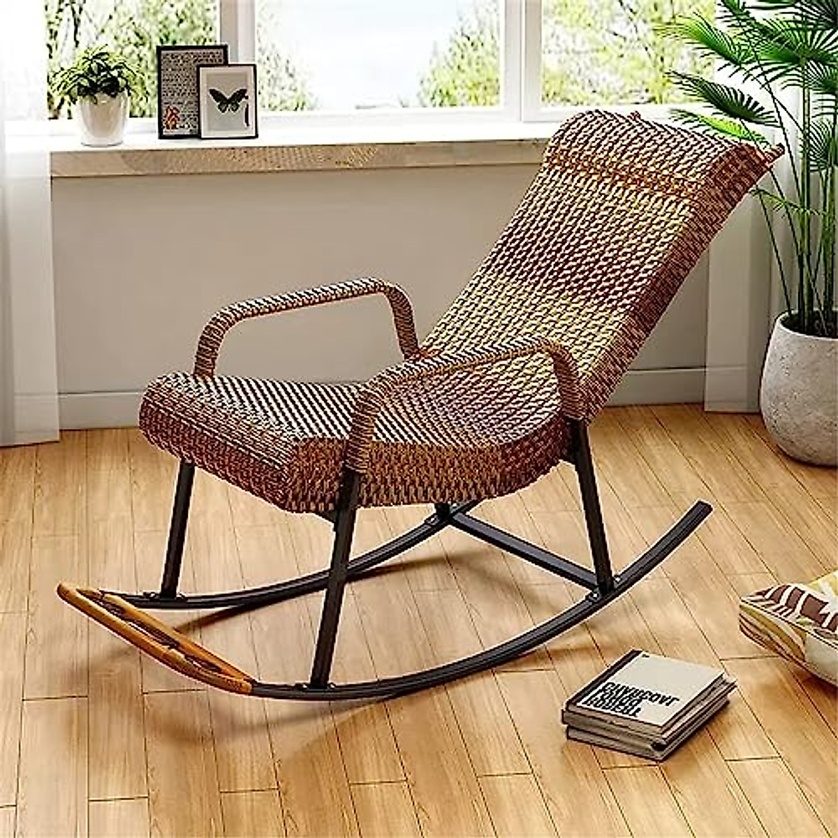 JHKZUDG Rattan Rocking Chair,Patio Rocking PE Rattan Chair,Zero Gravity Rocking Lounge Chair,Garden Rattan Chairs with Pillow Recliner Seat, for Garden Backyard Porch
