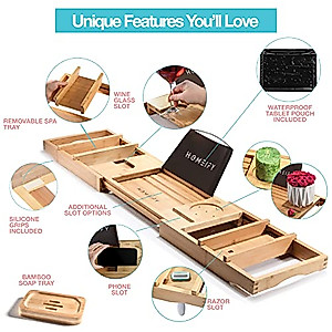 Premium Bamboo Bathtub Tray Caddy - Waterproof Tablet/Phone Case & Razor Slot - Expandable Bath Tray (up to 44in), Luxury Spa Bathtub Caddy, with Adjustable Reading Rack - Patent Pending