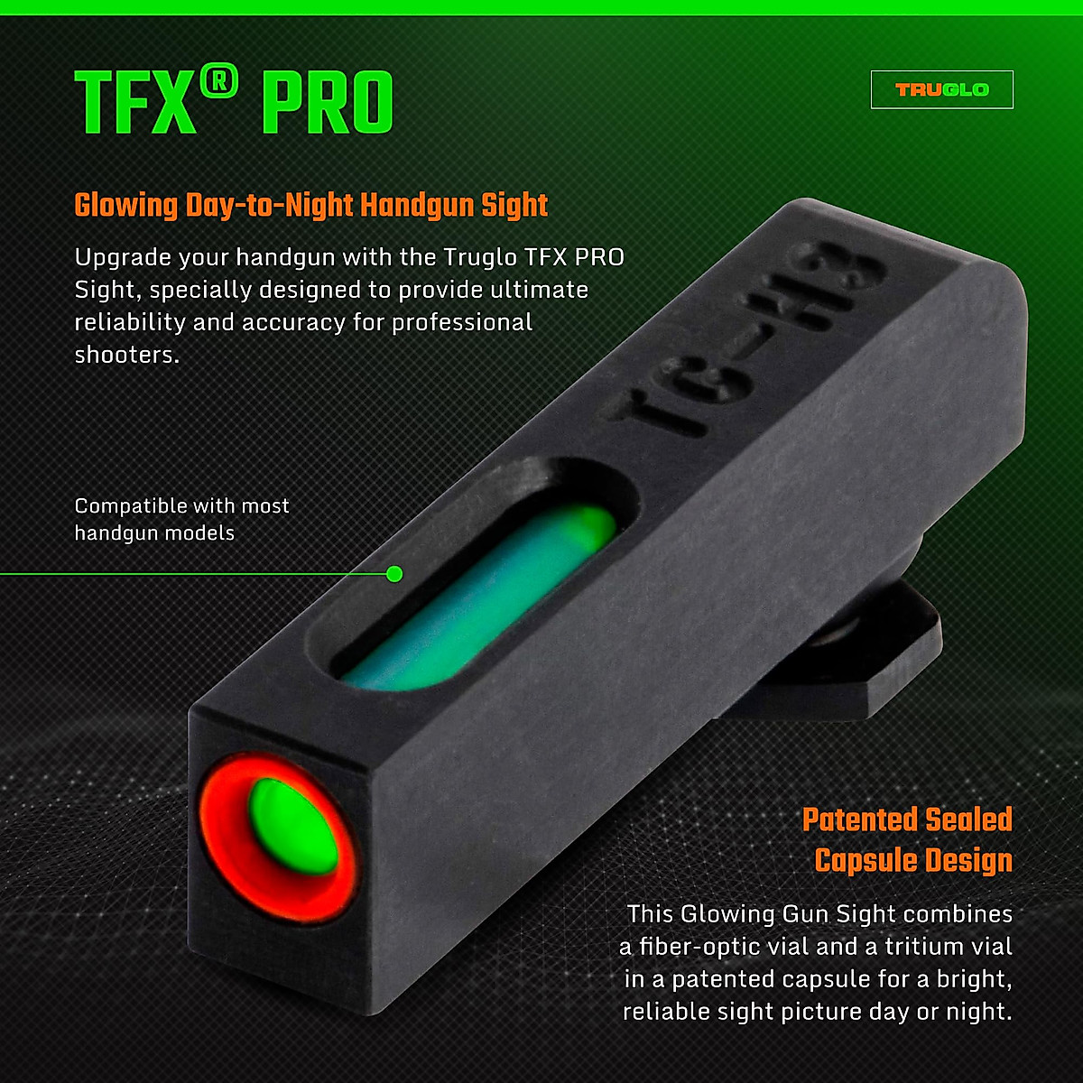 Truglo TFX PRO Handgun Sight, Glowing Shock Proof Tritium and Fiber Optic Night Sight for Handguns, Compact, Durable, and Snag Free Sight