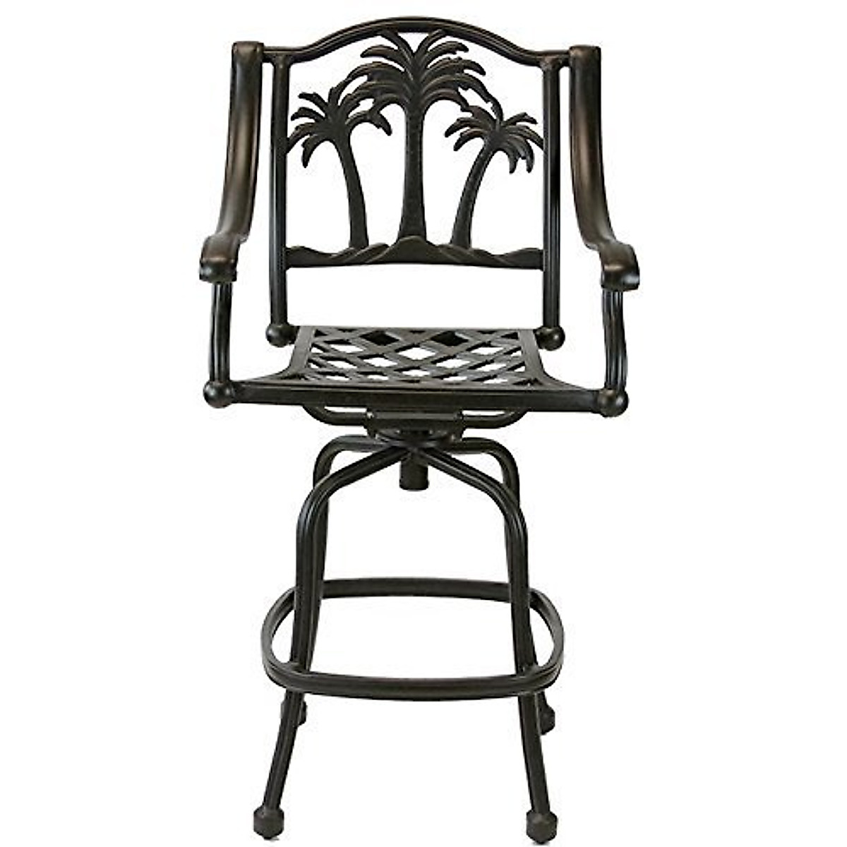 Palm Tree Outdoor Patio Set 6pc Swivel Barstools 30" H Dark Bronze Cast Aluminum, Walnut Cushions