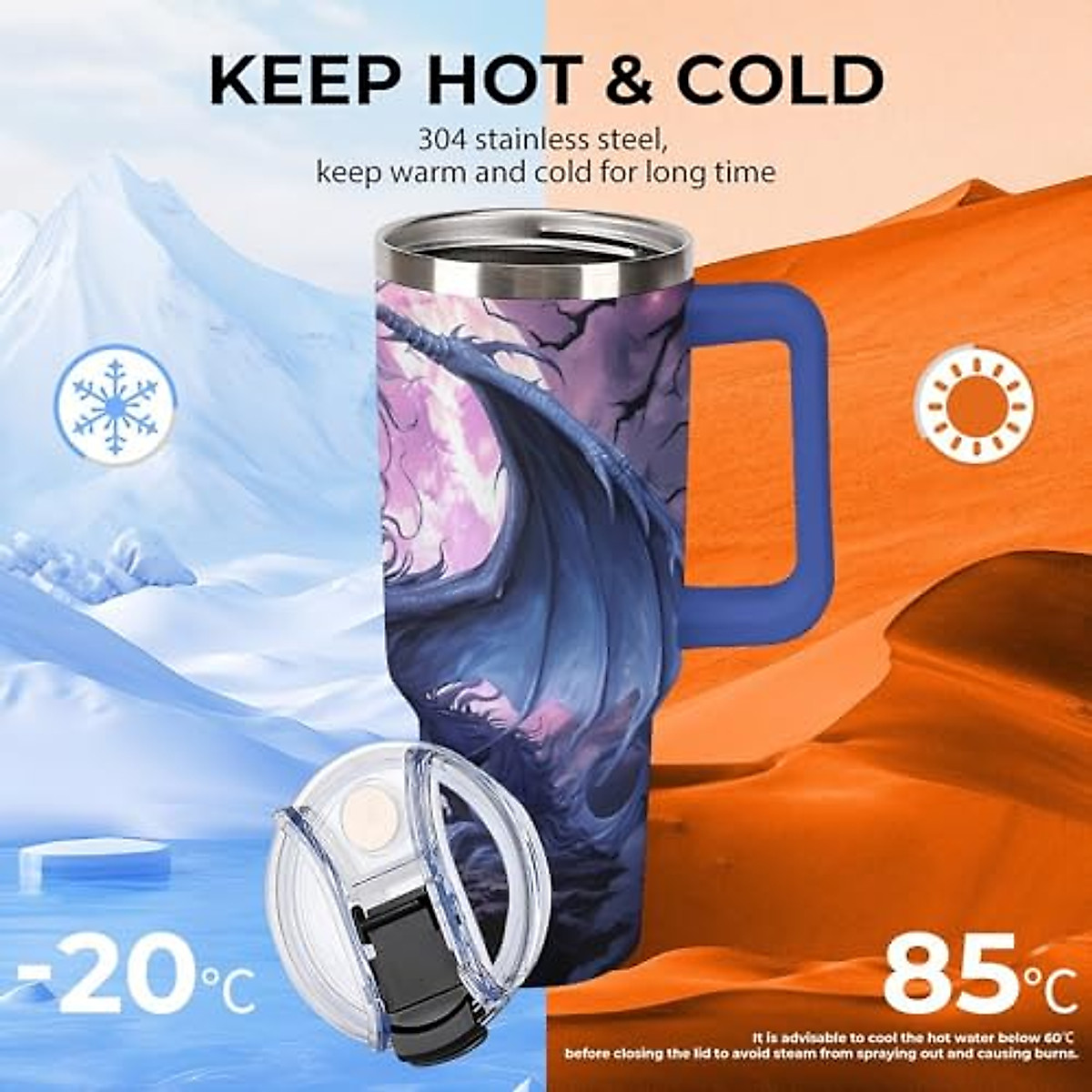 Purple Dragon 40 Oz Car Cup Stainless Steel Travel Mug Leak-Proof Insulated Tumbler with Handle Deep Blue-style