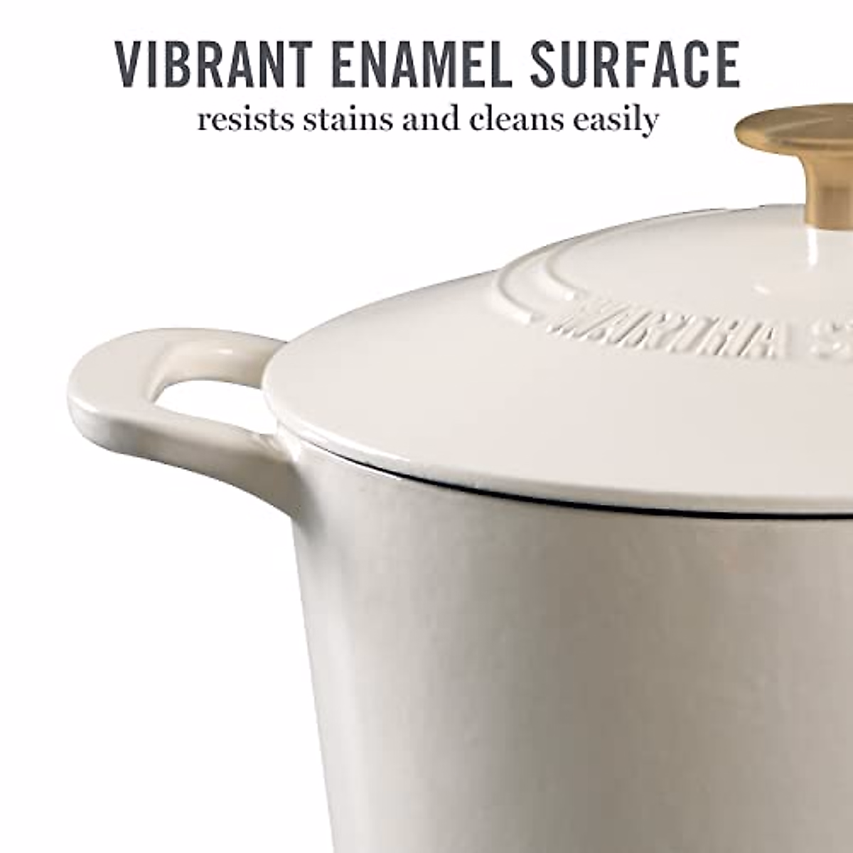 MARTHA STEWART Gatwick 7 QT Enamel Cast Iron Dutch Oven, Linen w/Gold Knob
