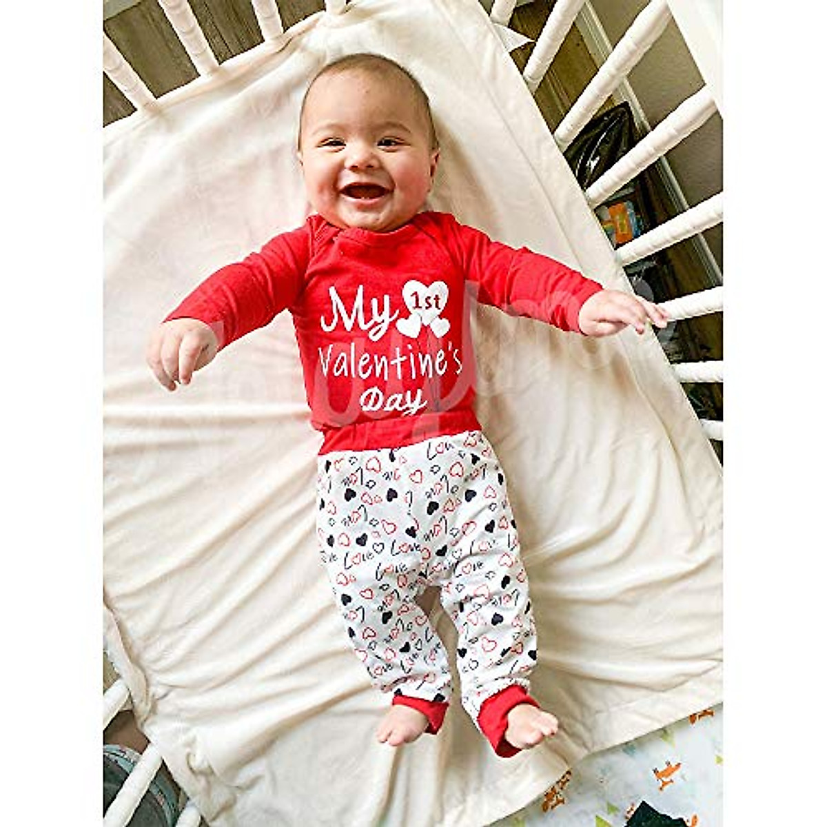 Aslaylme Baby Boys Girls Valentine's Day Outfit Newborn My 1st Valentine's Day Bodysuit (Red,3-6 Months)