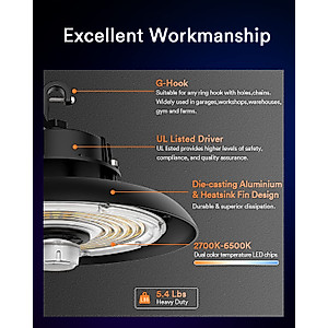 Lumary 22,000Lm Smart Aluminium UFO LED High Bay Light w/Remote, 2700K-6500K Dimmable 150W, Work with Alexa/Google - Hub Required, LED Shop Lights for Hanging Garage Workshop Factory Gym Barn