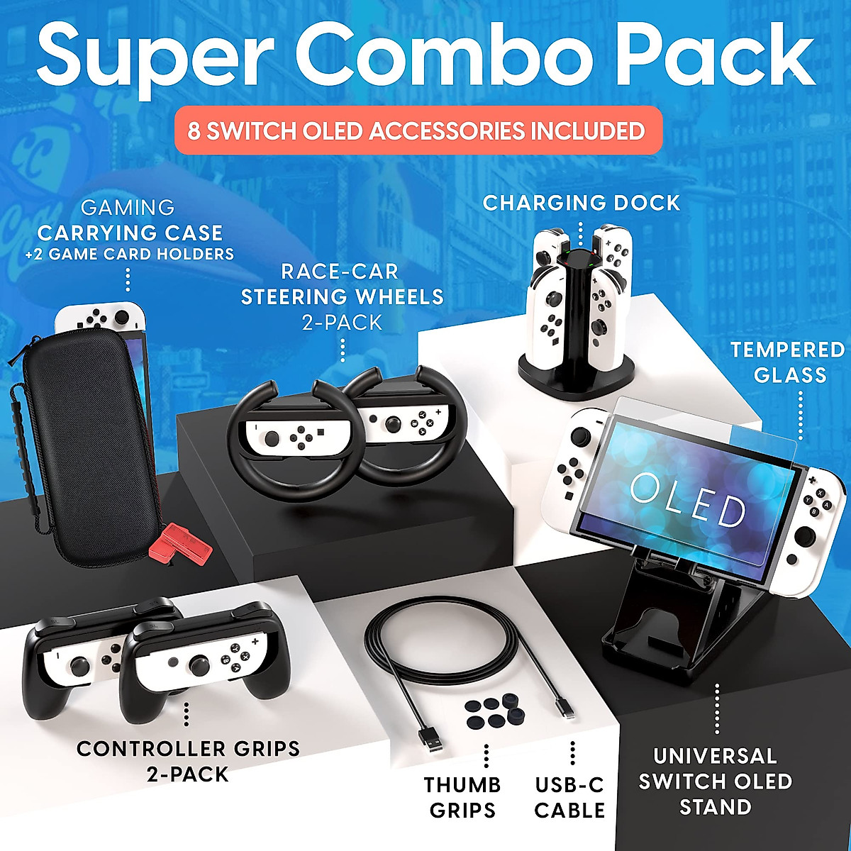 TalkWorks Super Combo Pack Accessories for Nintendo Switch OLED - 2 Grips, 2 Wheel Controller Grips, 2 Game Card Holders, 1 Charging Dock, Thumb Grips, USB-C Cable, Universal Stand, Screen Protector