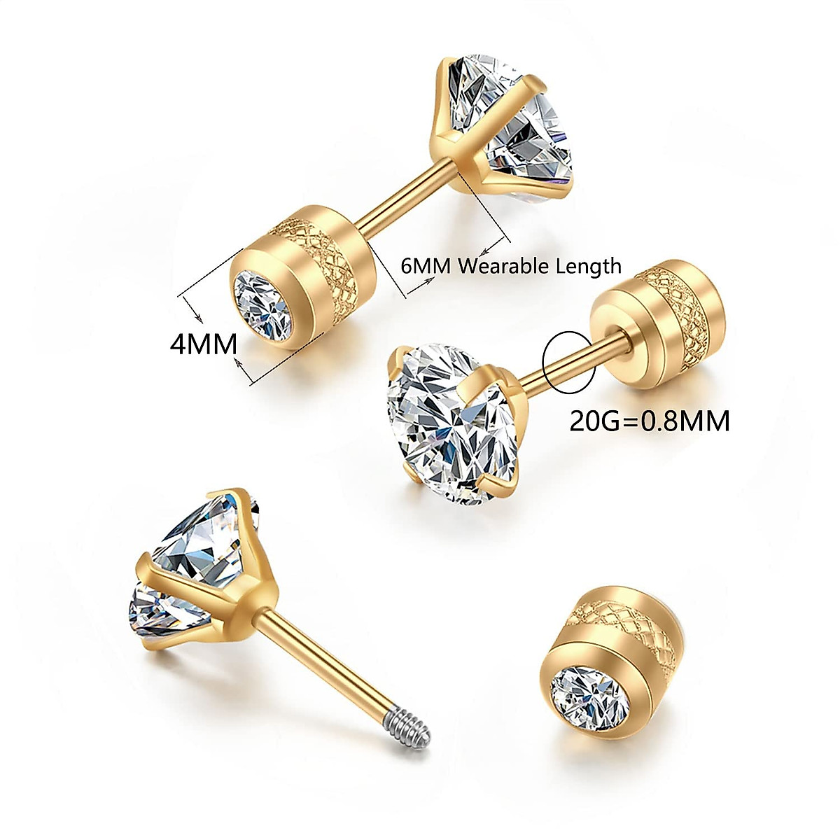 Minimalist Flat Screw Back Stud Earrings for Women,Safety Screw on Flatback CZ Earrings for Cartilage Helix Piercing Hypoallergenic (3mm CZ, Gold)