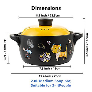 AHUONEL Ceramic Stockpot Clay Cooking Pot Cookware Stovetop, Cartoon Pattern Stew Pot Hot Pot Clay Pots Soup Pot Casserole Cooking Pot 2.6 Quart Yellow Cat