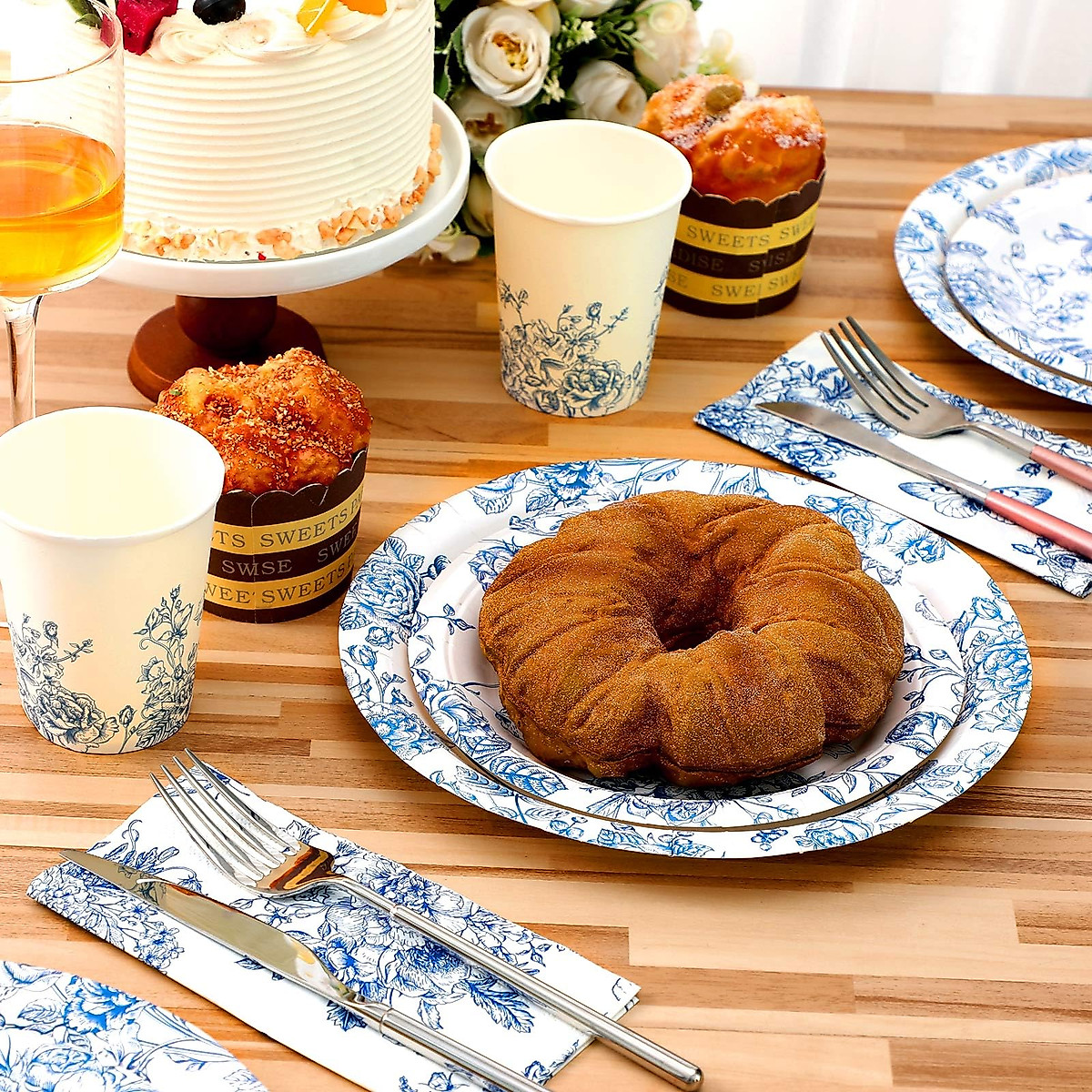 Nitial 200 Piece Blue and White Flower Disposable Tableware Set Serves 50 Guests Floral Paper Plates and Napkins Cups for Bridal Shower Birthday Party Supplies